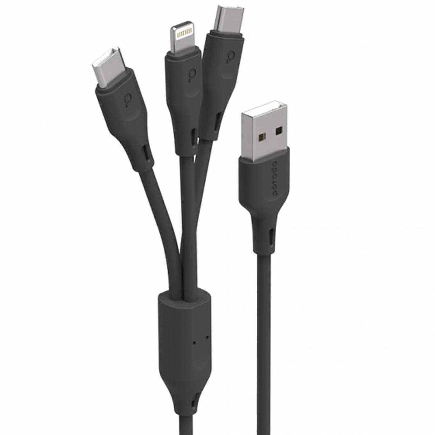 Porodo PVC 3 in 1 USB Lightning and Type-c Data Cable 3M - Black ...