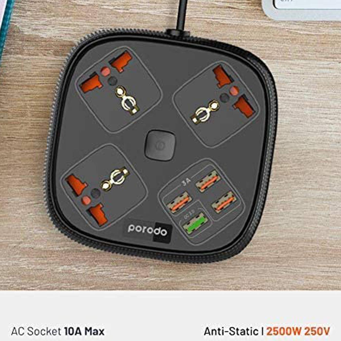 Porodo Power Socket Strip 4 USB, 3 Sockets with 3 USB Port 3A and 3 ...