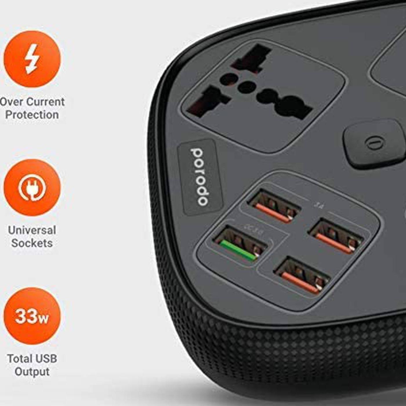 Porodo Power Socket Strip 4 USB, 3 Sockets with 3 USB Port 3A and 3 ...