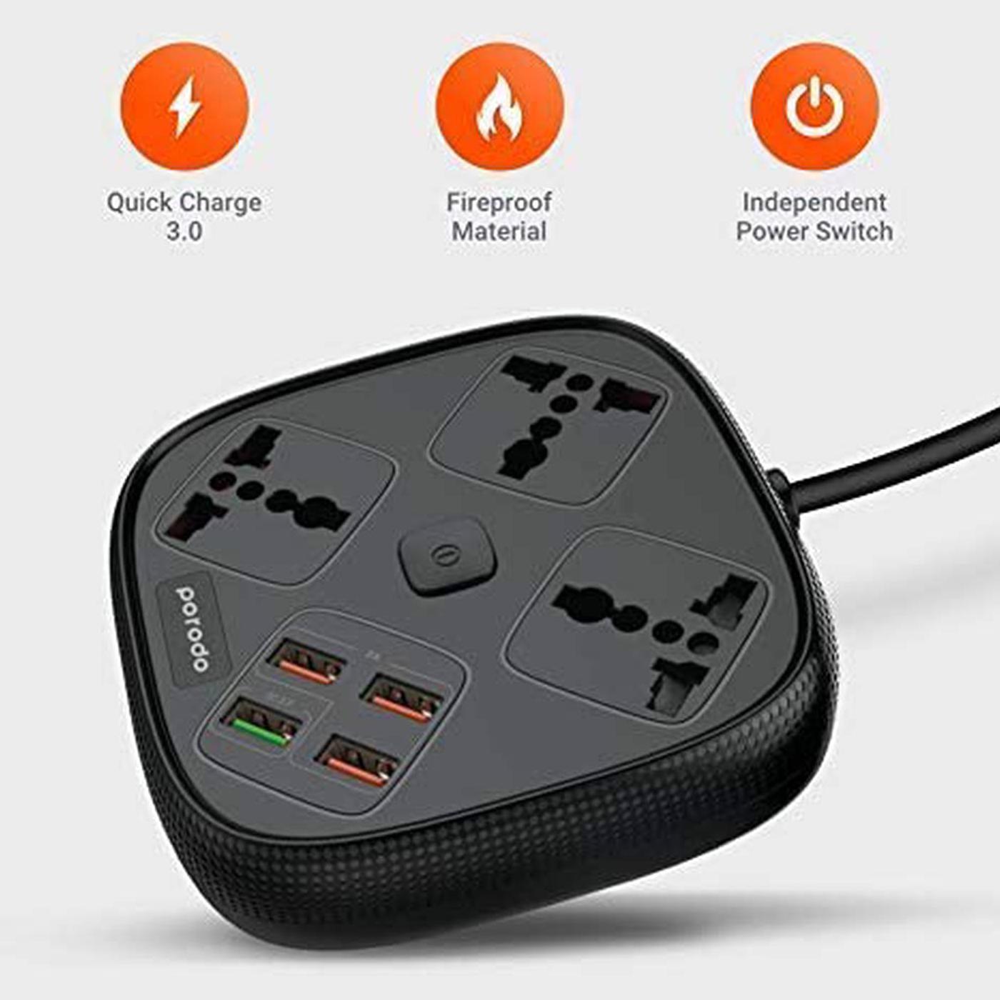 Porodo Power Socket Strip 4 USB, 3 Sockets with 3 USB Port 3A and 3 ...