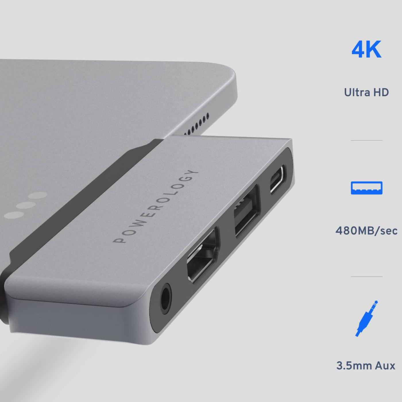 Powerology 4 in 1 USB-C Hub with HDMI, USB, and AUX Port - Eshtir.com